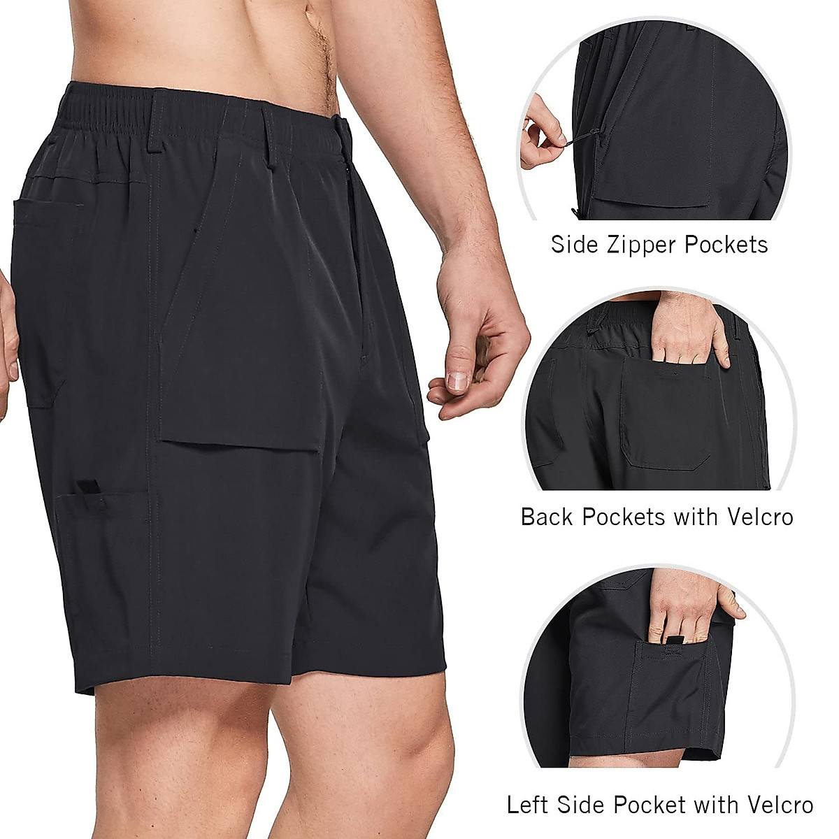 baleaf Men's 7" Casual Shorts for Summer Elastic Waist Quick Dry Lightweight Short with Cargo Hiking Fishing Black Size XL