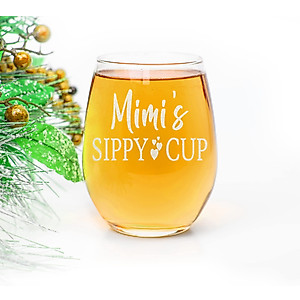 CARVELITA Mimi's Sippy Cup, 15oz Stemless Wine Glass, Funny Birthday Christmas Mother Day Gifts For New Grandma, Mimi, Grandmother, Mom, From Daughter, Son