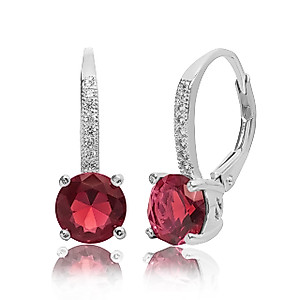 Lesa Michele Rhodium Plated 925 Sterling Silver Red Simulated Ruby & Cubic Zirconia Drop Leverback Bridal Earrings for Women Imitation July Birthstone