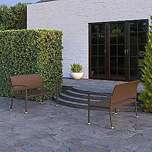 Patio Sense 63363 Miles Patio PU Wicker Steel Frame All Weather Bench Attractive Woven Design Easy Assembly Lightweight Year Round Accent Patio Porch Lawn Garden Setting - Mocha