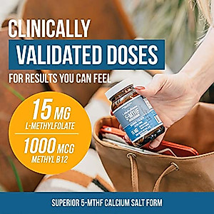 L Methyl Folate 15mg plus Methyl B12 Cofactor - Professional Strength, Active 5-MTHF Form - Supports Mood, Methylation, Cognition – Bioactive forms of Vitamin B9 & B12 (60 Capsules)