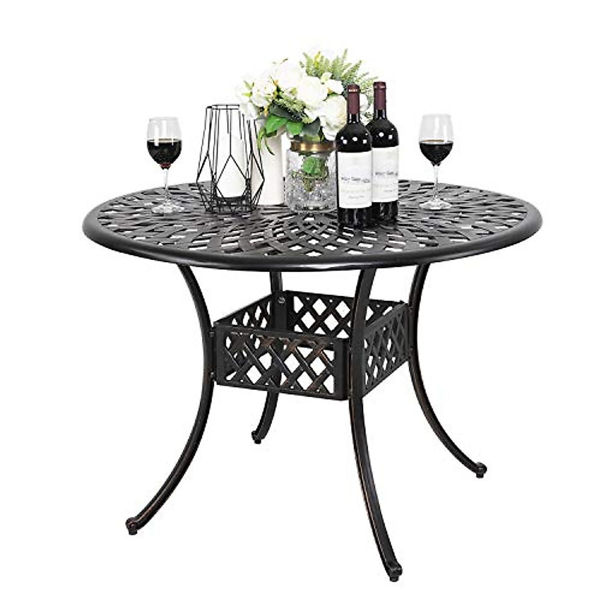 Nuu Garden 42 Inch Patio Dining Table Round Cast Aluminum Bistro Table with Umbrella Hole for Backyard Garden Black with Antique Bronze at The Edge