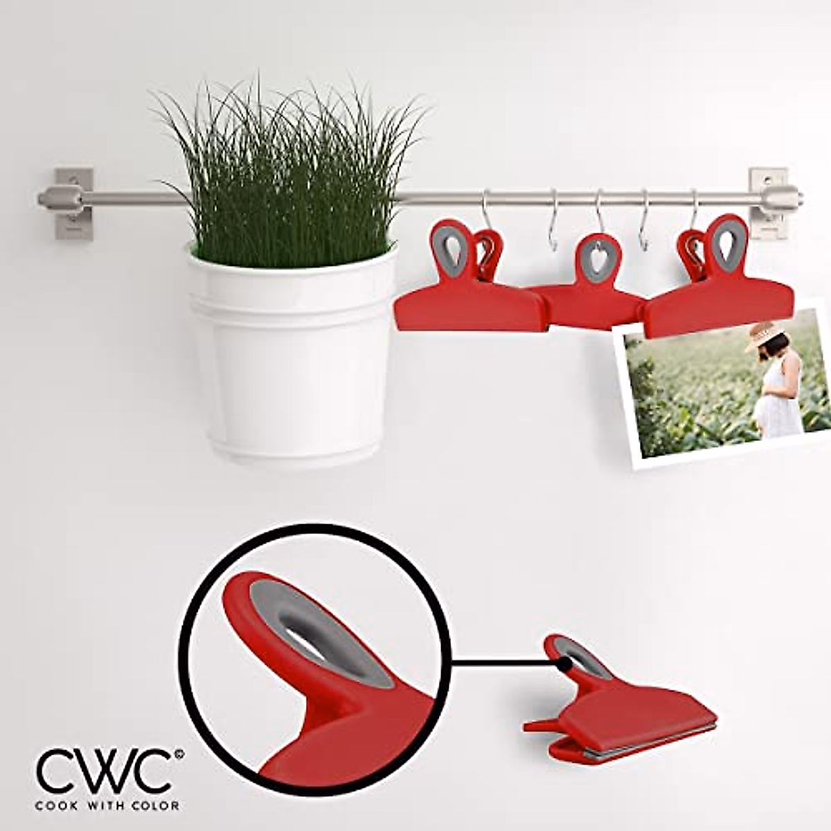 COOK WITH COLOR Bag Clips - Heavy Duty Chip Clip and Refrigerator Magnet Clips for Food Storage with Air Tight Seal Grip, Red, Pack of 4 Large Clips