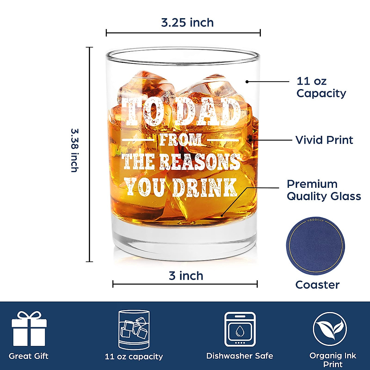 NBOOCUP To Dad From The Reasons You Drink Funny Whiskey Glasses Gift for Dad - Novelty Birthday, Christmas Gift for Dad, Dad Gift from Daughter, Son, Wife, Cool Present Ideas for Dad, 11 oz