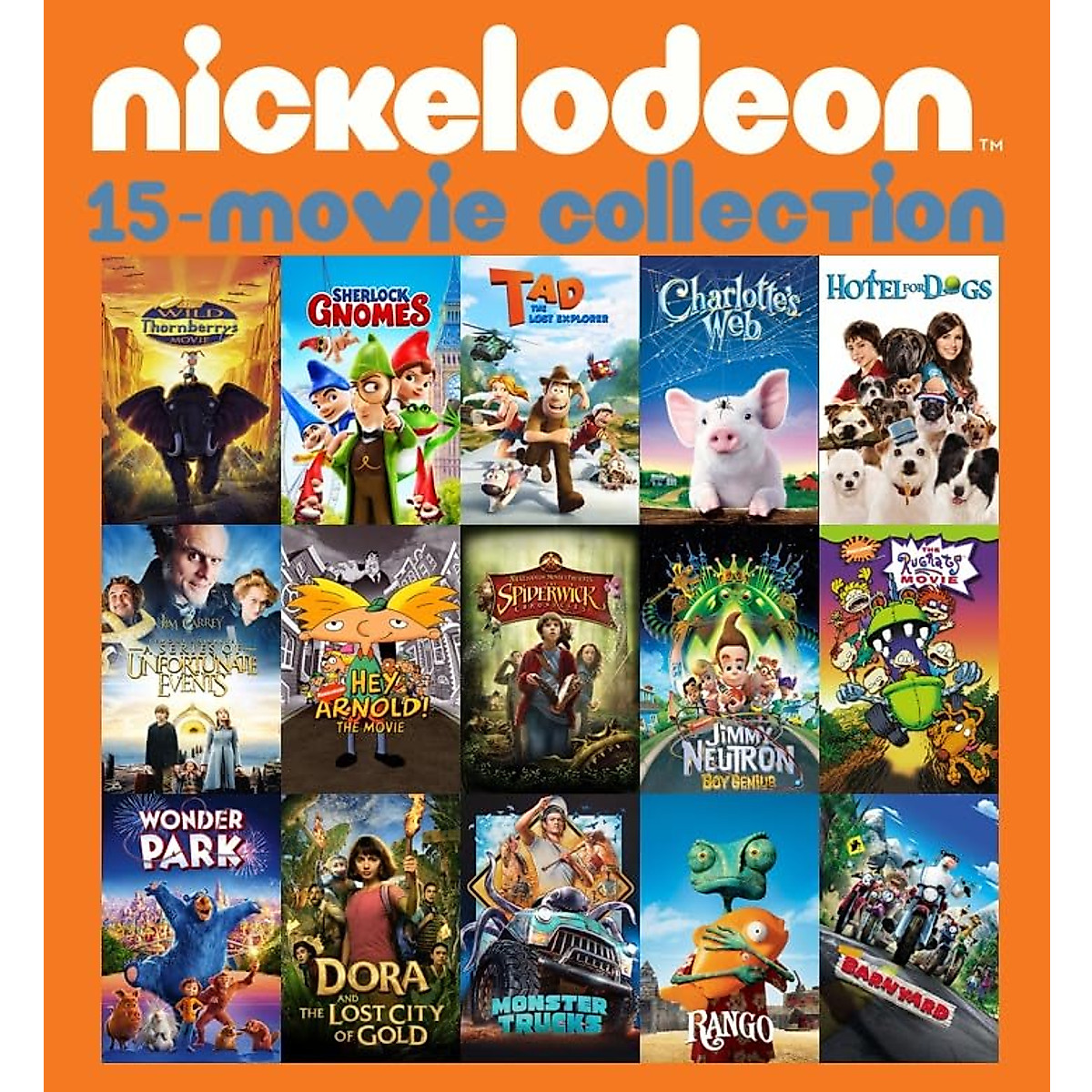 Nickelodeon Movies 15-Film DVD Set: Wild Thornberrys / Sherlock Gnomes / Tad / Charlotte’s Web / Hotel for Dogs / Lemony Snicket / Hey Arnold / Spiderwick Chronicles / Jimmy Neutron / Rugrats / Wonder