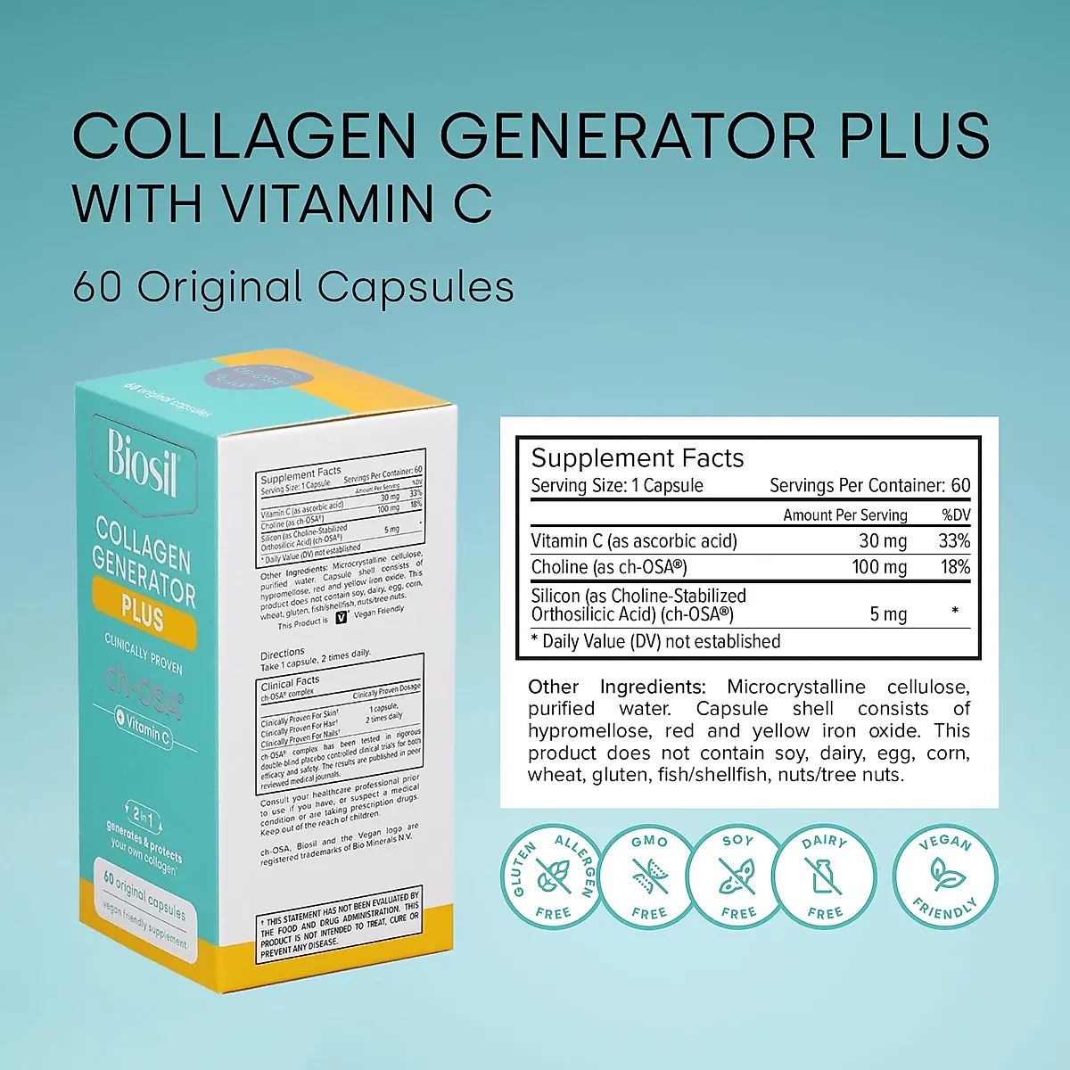 Biosil Collagen Generator Plus - 60 Capsules - Advanced Collagen Protection with Patented ch-OSA Complex & Vitamin C - 30-Day Supply
