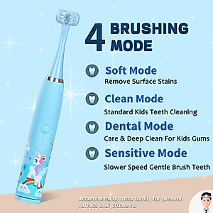 Sunartec Kids Electric Toothbrush, Six-Sided Inside and Outside Cleaning Rechargeable Sonic Toothbrushes with Timer &2 Brush Heads & Four Cleaning Modes, Training Brushing Teeth for Kids Gifts(Blue)