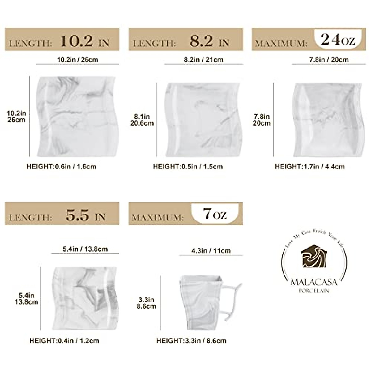 MALACASA Dinnerware Sets, 30 Piece Porcelain Square Plates and Bowls Sets for 6, Marble Grey Dinner Set with Dishes, Dinner Plate Set, Cups and Saucers, Modern Dinnerware Set, Series Flora