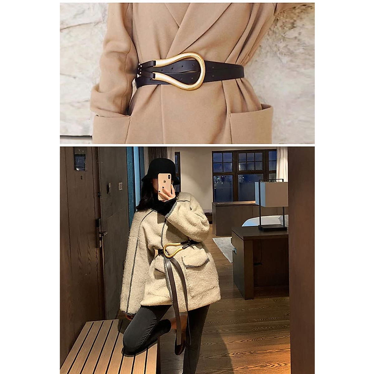 Block Garden Women PU Leather Waist Belt Double Strap Tie Wrap Cinch Belt, 01 Black