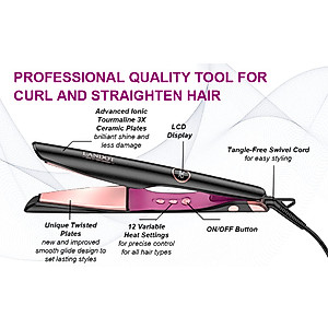 LANDOT Hair Straightener and Curler 2 in 1, Twist Flat Iron Curling Iron for Curl/Wave or Straighten