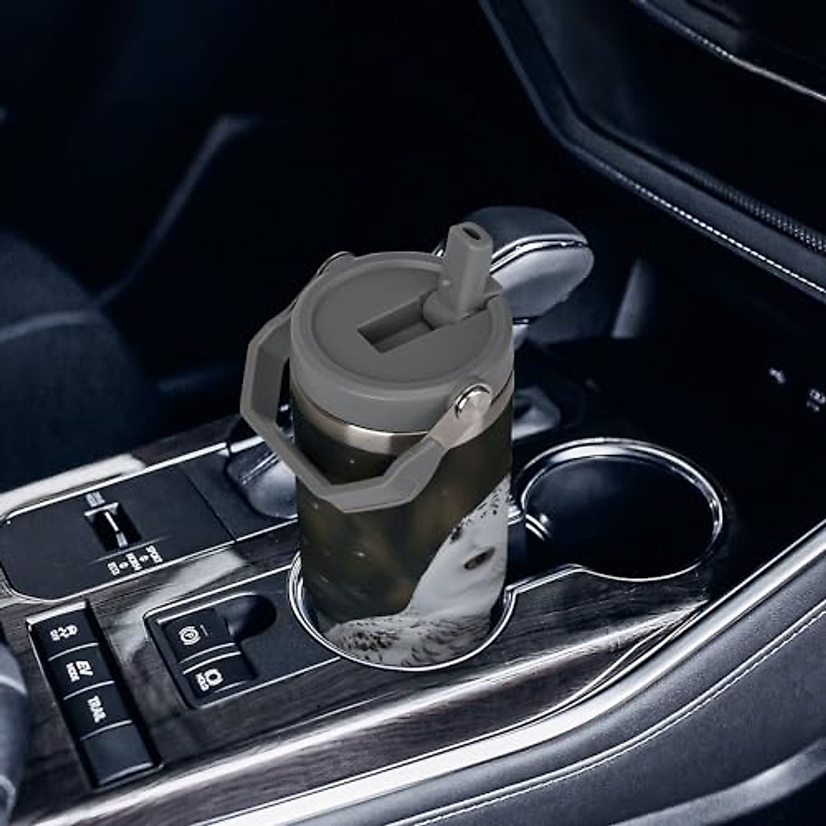 BWQJKUO Large Capacity Car Cup 30 Oz Stainless Steel Snow Owl Printed Travel Mug Leak-proof Flip Straw Tumbler with Handle,keeps Cold Or Ho