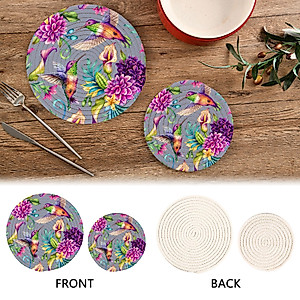 Blueangle Hummingbird on Purple Flowers Pot Holders Trivets Set 2 Pcs, Potholders for Kitchens, Pure Cotton Thread Weave Trivets for Hot Dishes/Pot/Bowl/Hot Pot Holders（755）