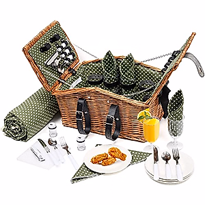 Picnic Basket for 4, Willow Picnic Basket Set with Insulated Cooler Compartment, Waterproof Blanket and Cutlery Service Kit for Camping, Outdoor