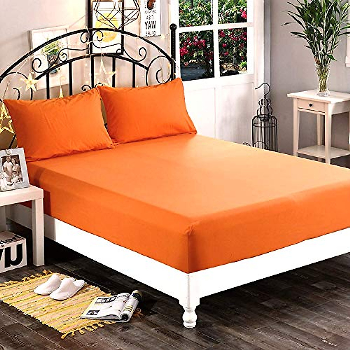 Cotton Home Depot Ultra Soft Silky Satin 4 Piece Sheet Set ( Flat Sheet + Fitted Sheet 17" Deep Pocket + 2 Pillow Cases ) Orange Queen