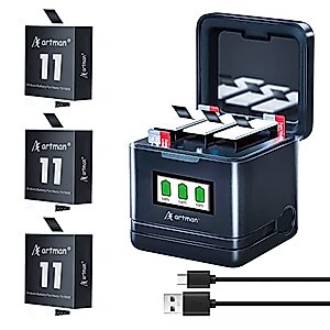 Artman Enduro Battery 3-Pack for Gopro Hero 11 Black, Hero 10 Black, Hero 9 Black with 3-Channel USB Intelligent OLED Color Display Charger (Fully Compatible with Gopro Hero 11/10/9 Battery Charger)