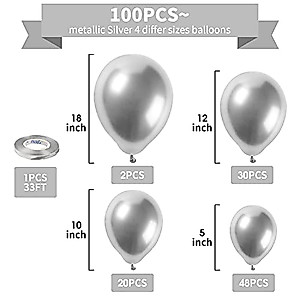 DKCPISCO Silver Metallic Chrome Latex Balloon Arch Kit, 100PCS 18In 12In 10In 5In Arch Garland For Engagement,Picnic,Wedding, Silver Theme Anniversary Celebration Decoration With 33FT Ribbon