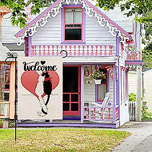 Valentines Day Garden Flag Cat Welcome Valentines Garden Flag Love Heart Party Home Burlap Double Sided Yard Decor 12.5 x 18 Inch