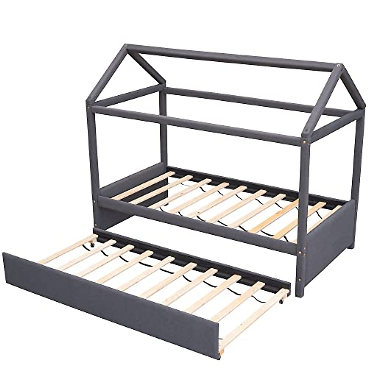 Lostcat Twin Size Upholstered House Platform Bed with Trundle,Twin Bunk Bed with Roof Design for Kids, Teens, Girls, Boys,No Box Spring Required,Grey