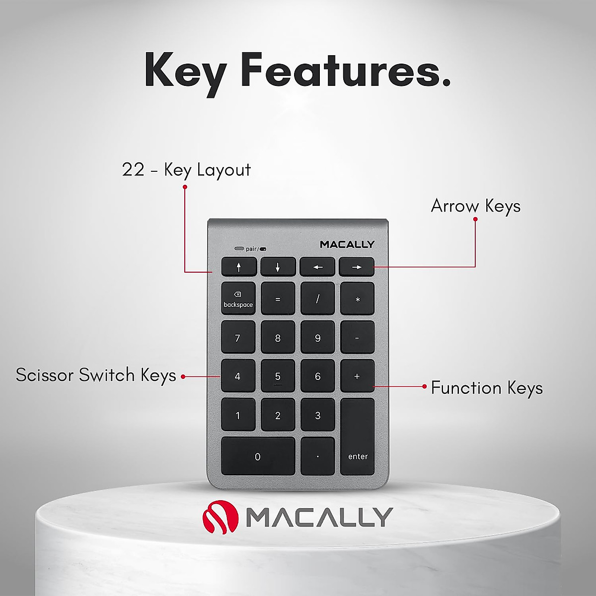 Macally 22 Keys Bluetooth Wireless Number Pad for Laptop and Desktop -10 Key Bluetooth Numeric Keypad with Arrow Keys for Easy Data Entry - Number Keypad for MacBook Pro Air, iMac, Apple, iPhone, iPad