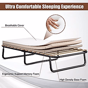 GOFLAME Folding Bed Cot Size, Rollaway Guest Bed with Memory Foam Mattress and Metal Frame for Adults, Portable Sleeping Bed for Home and Office, Made in Italy
