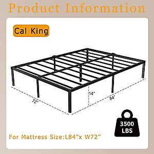 Kilyssa 14 Inch California King Bed Frames Heavy Duty Metal Platform Beds Frame No Box Spring Needed Steel Slats 3500lbs Bed Base Cal King Size,Noise-Free,Easy Assembly