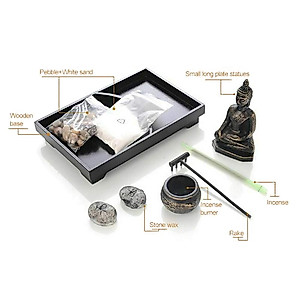 Royal Brands Zen Garden with Buddha, Rake, Rock Candle, and Incense Holder – Peace and Tranquility (9"x6"x7")