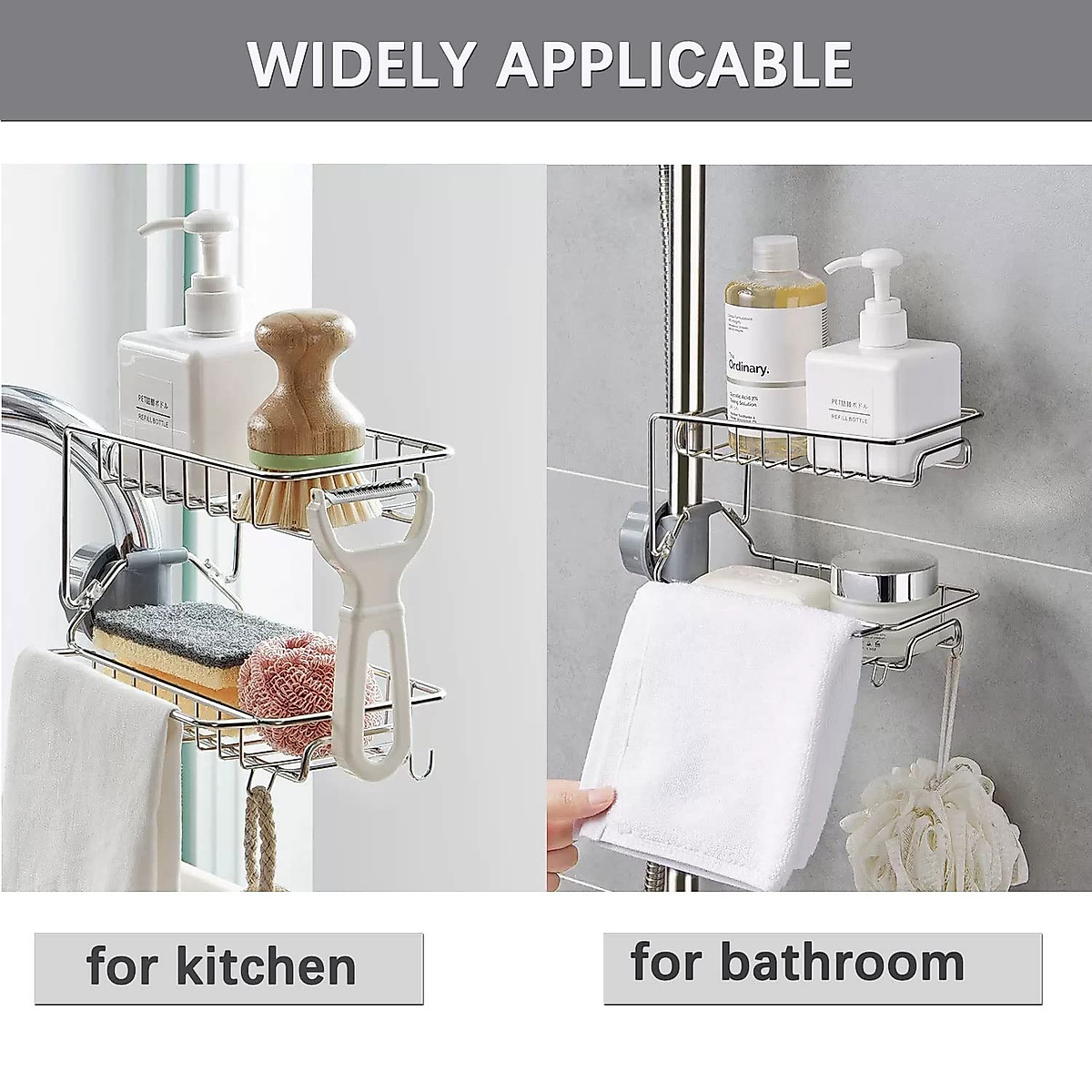 CSKB Sponge Holder for Kitchen Sink, Double-Layer Faucet Rack for Kitchen Sink, Multifunction Stainless Steel Faucet Rack, Soap Sponge Holder with Towel Rack for Kitchen Bathroom