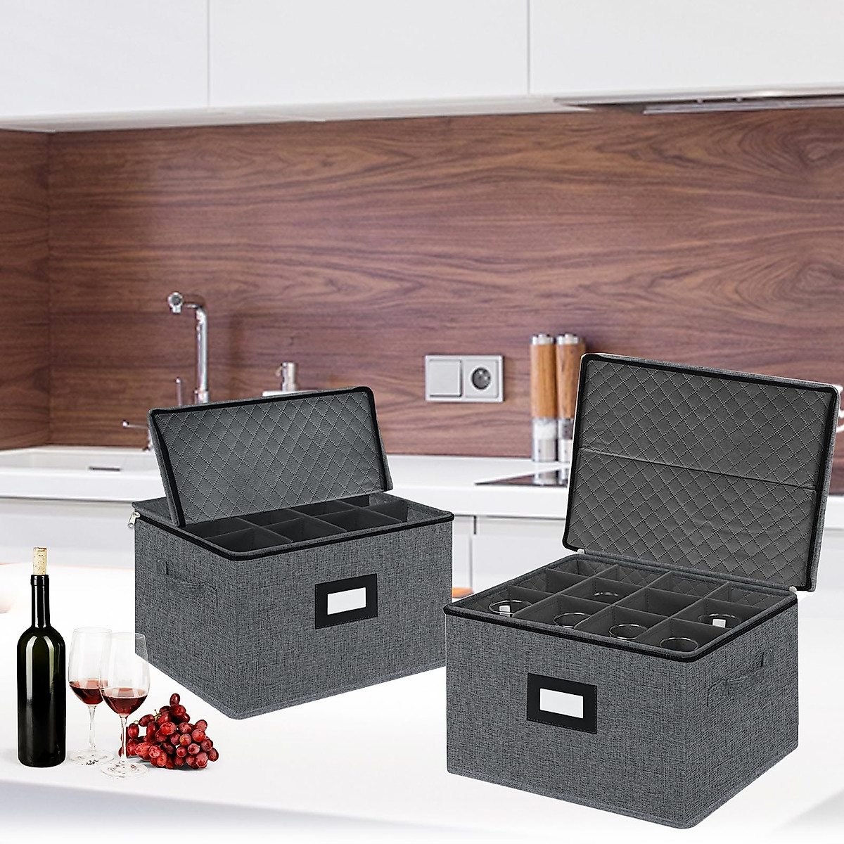Wine glass Storage Box with Divider - China Storage Containers Hard Shell Stemware Storage Bins with Lids Holds 12 Wine Glass or Crystal Glassware Case, Stackable with Label Window (Dark Grey)