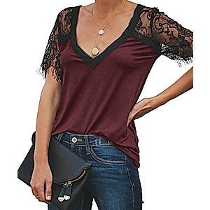 VNK Womens Lace Short Sleeve Shirts V Neck Casual Summer Tops Loose Fit Fashion Blouses Ladies Sexy Tshirts 2023 Wine Red Large