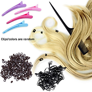 Duufin Hair Extensions Kit 500 Pcs Brown Micro Ring Beads 1 Micro Beads Plier 2 Hook Needle Pulling Loop 4 Plastic Alligator Hair Clips 1 Comb and 2 Bags Black Mini Rubber Hair Elastic