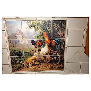 Farm Rooster Chickens by Carl Jutz Accent Tile Mural Kitchen Bathroom Wall Backsplash Behind Stove Range Sink Splashback One Tile 10"x8" Ceramic, Matte