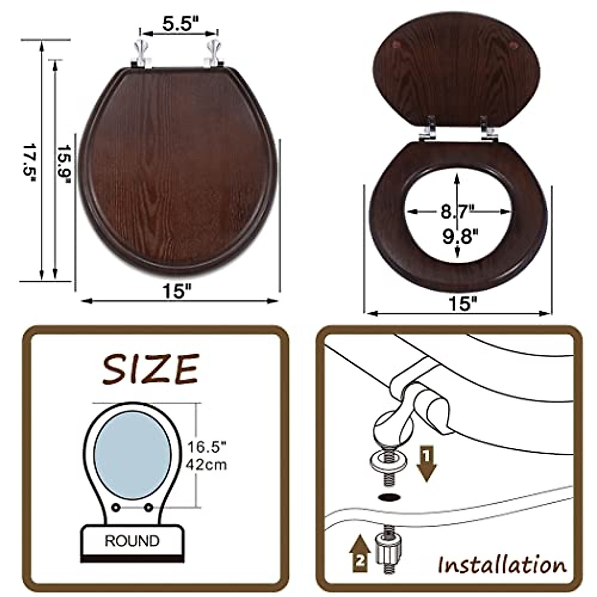 Round Wood Toilet Seat, American Standard Wooden Toilet Seat Round with Metal Hinges and 304 Stainless Steel Bolt， Easy to install
