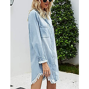 Zilcremo Women Denim Shirt Dresses Long Sleeve Distressed Jean Dress Button Down Casual Tunic Top Lightblue S