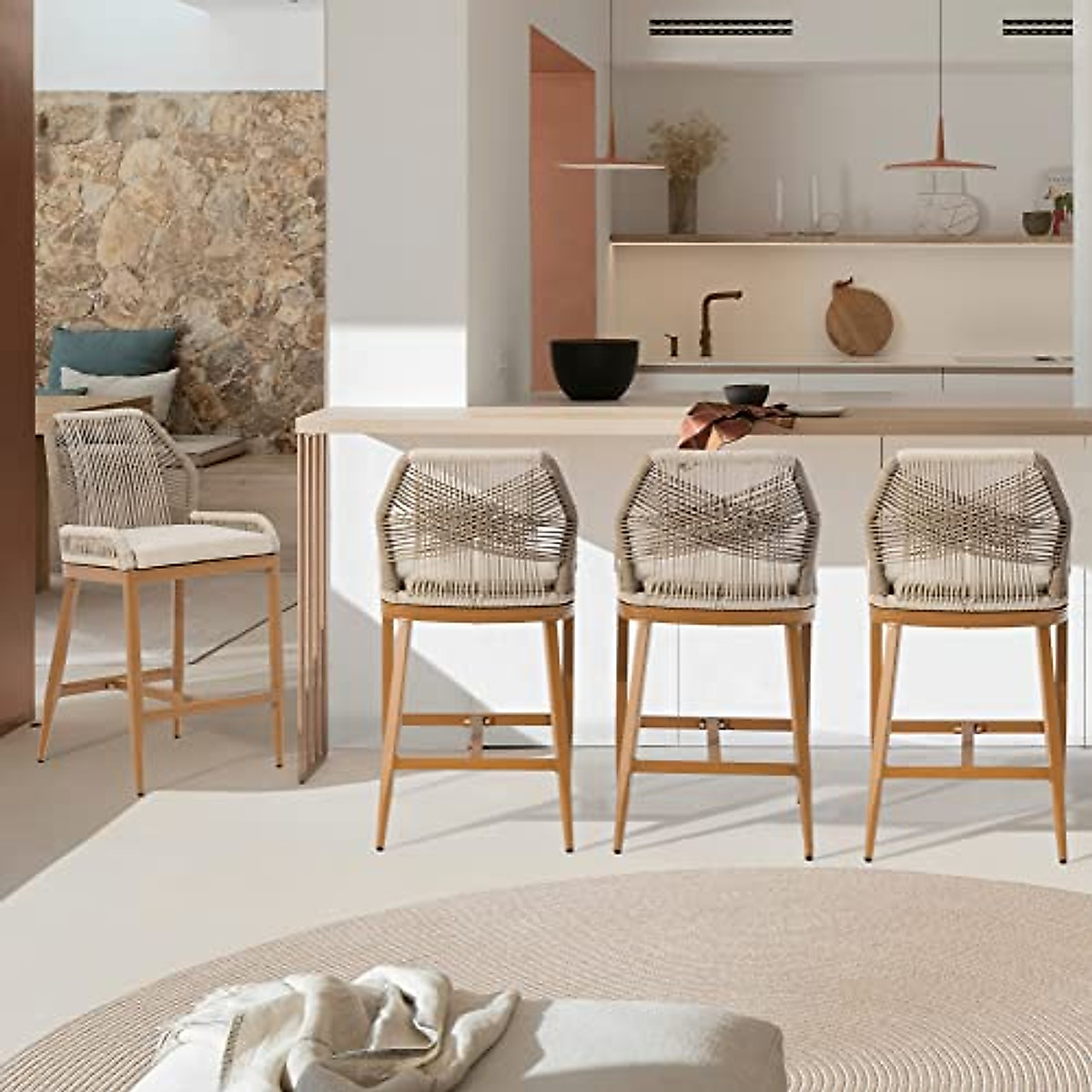 US Furnishing Indoor and Outdoor Waterproof Hand-Crafted Stool, Counter Height Stool Bar Stool High Stool Home Back Dining Chair Comfortable Simple and Beautiful Counter Chair (Counter Height 25)2pcs