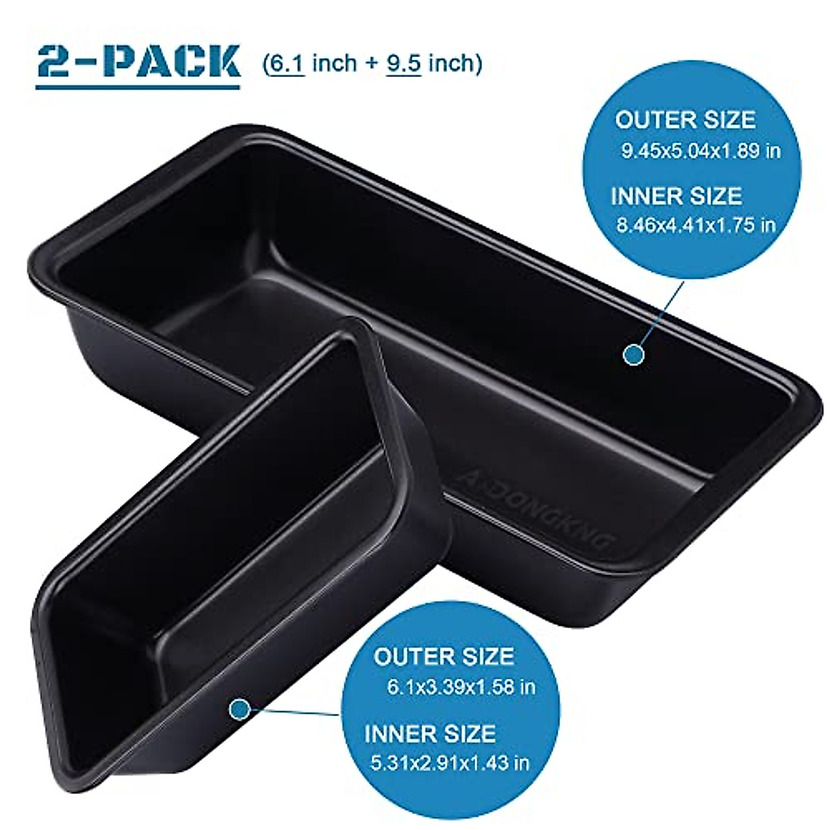AmDONGKING Baking Loaf Pans, Nonstick Carbon Steel Bread, Cake, Brownies, Pie Pan, Kitchen Bakeware, 2-Pack, 6.1" & 9.5"