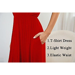 AUOMITH Women’s Short Sleeve Loose Plain Red Maxi Dress Crew Neck Casual Swing Cocktail Empire Waist Long Ball Dress with Pockets(Red, XL)