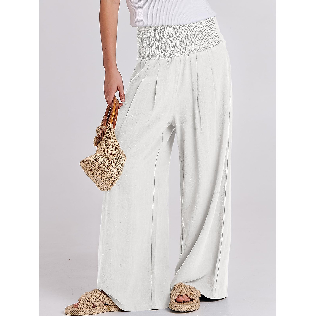Caracilia Flowy Pants for Women Summer Beach Linen Wide Leg High WAIS Smocked Trousers Casual Lightweight Vacation Palazzo Lounge Pant with Pocket White C109A1-mibai-XL,X-Large