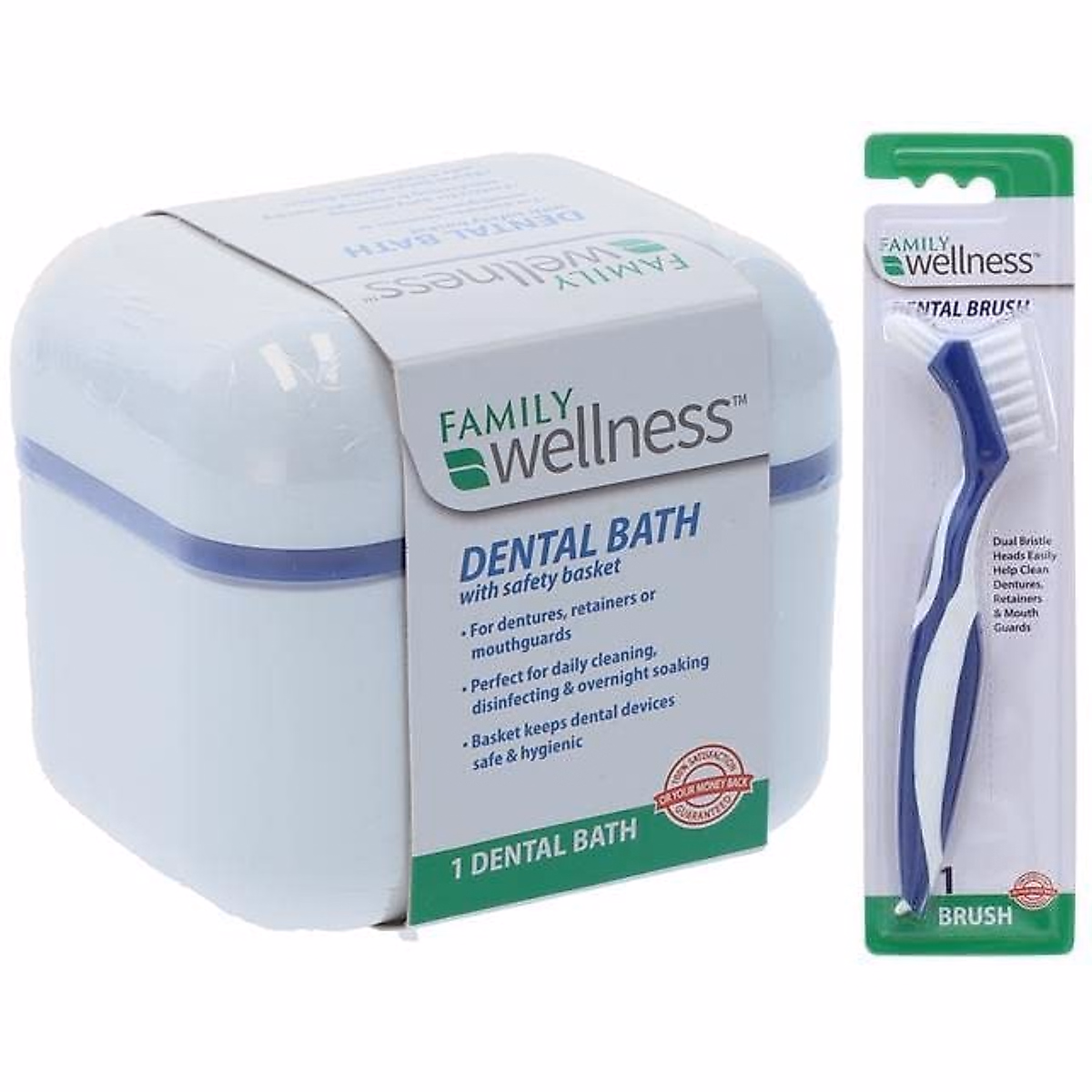 Family Wellness Denture Case, Denture Cup with Strainer Safety Basket, And Denture Brush, For Dentures, Restrainers, Or Mouthguards