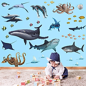Removable 3D Removable Under The Sea Fish Wall Sticker DIY Ocean Animals Wall Decals Whale, Shark, Squid Wall Decor Peel and Stick Art for Kids Room Baby Bedroom Nursery Boy and Girls