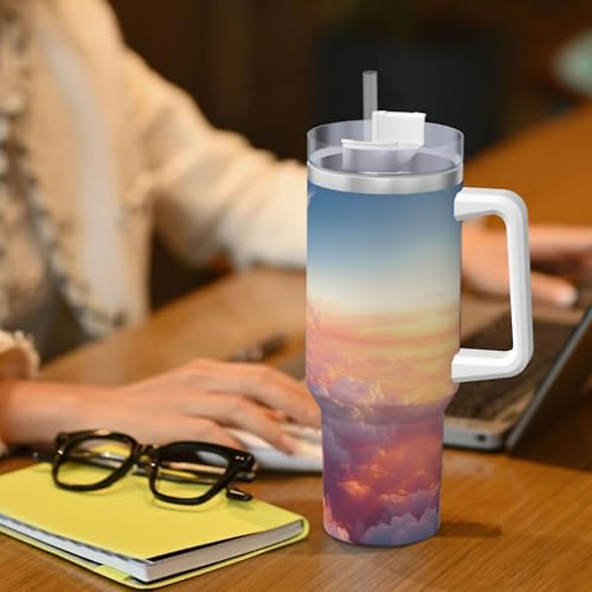 HULIBIN Beautiful Clouds Print Double Deck Stainless Steel Travel Coffee Cup With Lid 40 Oz Ice Bully Cup