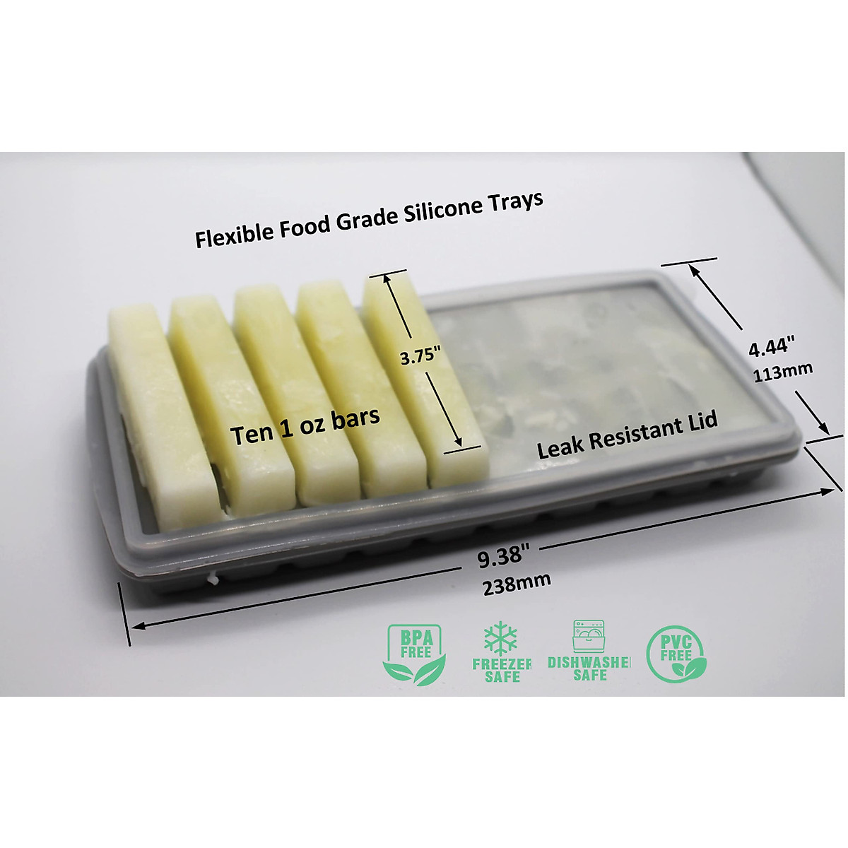 Breast Milk Freezer Storage Trays w/Carrier, 10-1oz Bars, 2 Silicone Containers w/Silicone Lids and Carrier, Food Grade Silicone