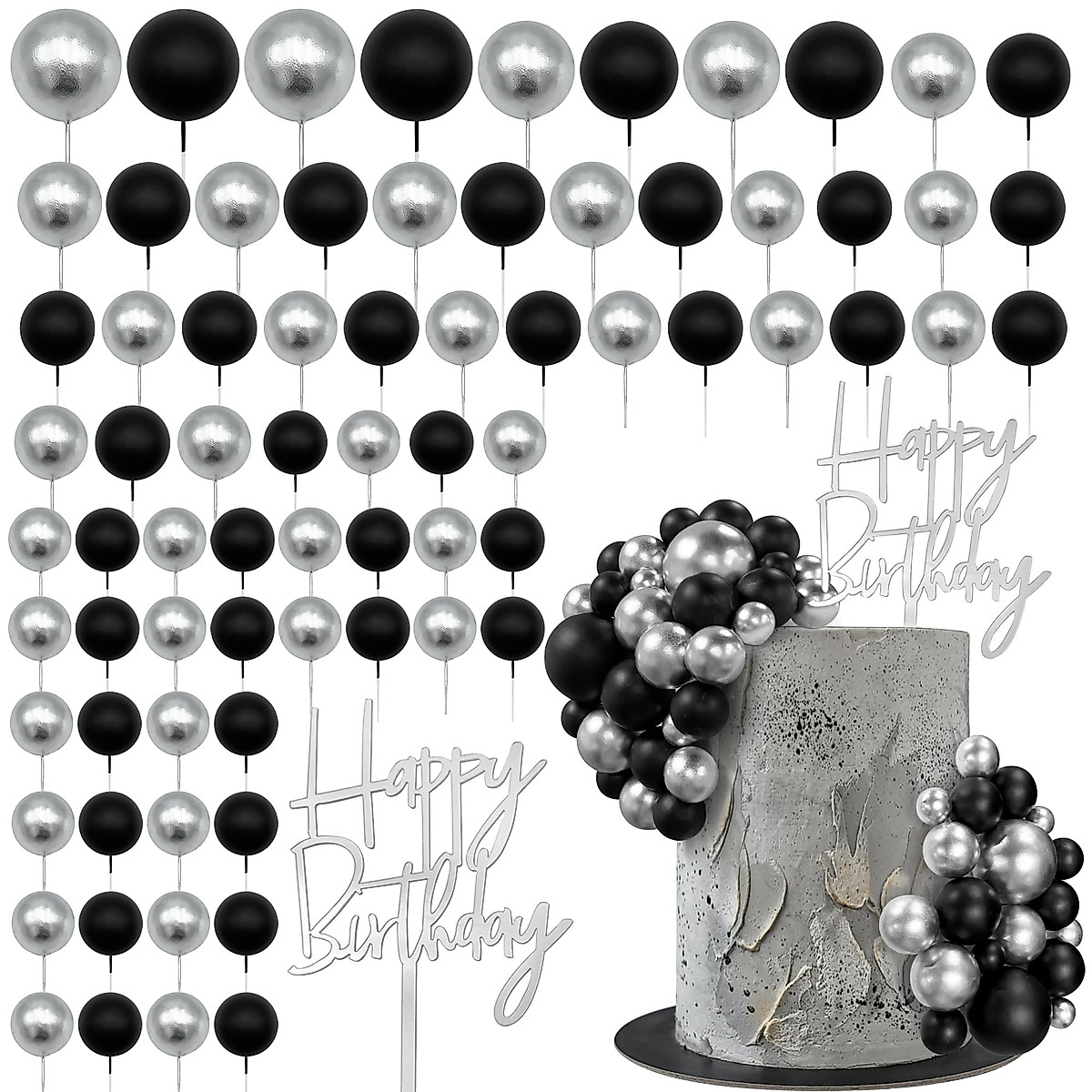 75 PCS Black and Silver Cake Decorations Balls Cake Topper Happy Birthday Cake Insert Pick for DIY Cake Decoration Baby Shower Wedding Birthday Party (Black and Silver)