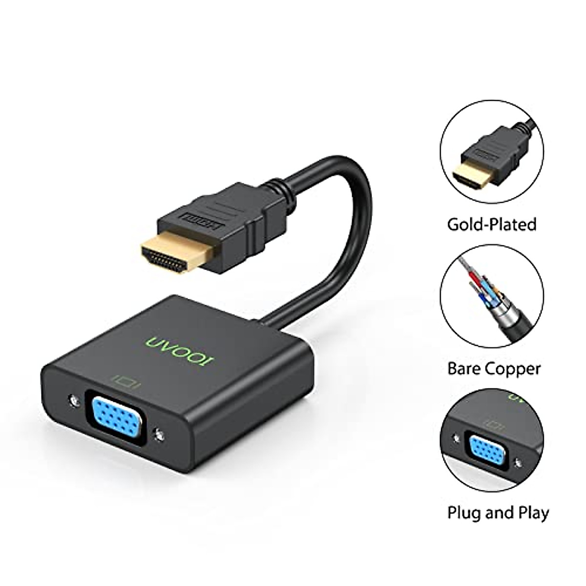 UVOOI HDMI to VGA Adapter, Not Bidirectional HDMI Male to VGA Female Converter 1080P@60Hz for Desktop, Laptop, PC, Projector, HDTV, and More