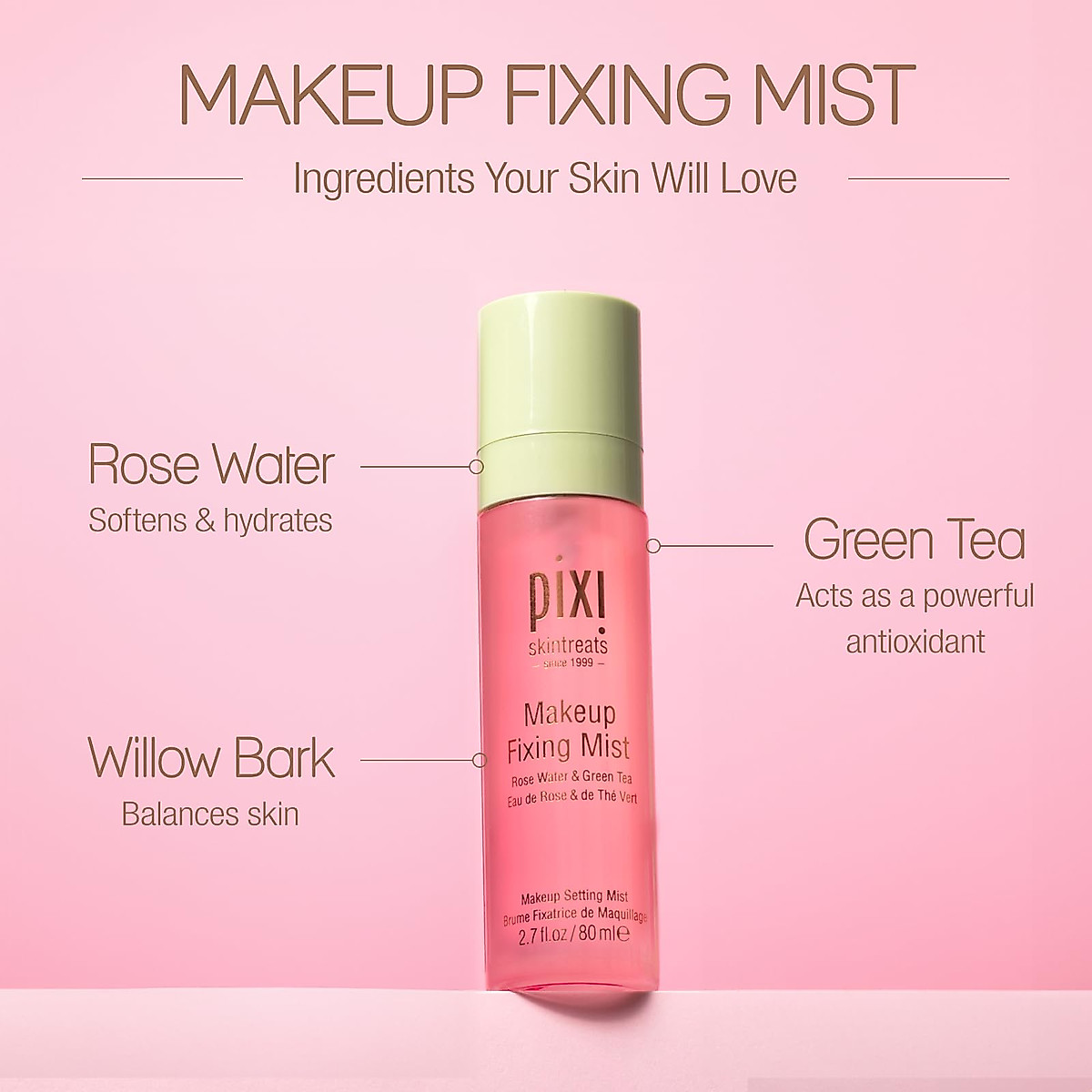 Pixi Beauty Makeup Fixing Mist 80ml, All Over Setting Spray For Longer Wearing Makeup, Rose Water and Green Tea Infused, 2.69 Fl Oz