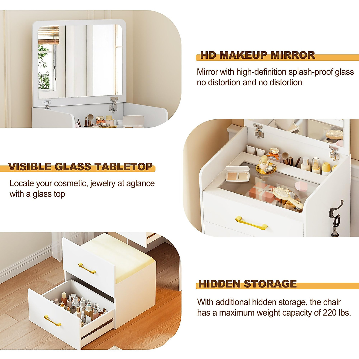 JDPAG 3-in-1 Vanity Desk with Flip Top Mirror, Makeup Vanity Table with Cushioned Stool for Small Space, Compact Dressing Table, Vanity Set for Bedroom