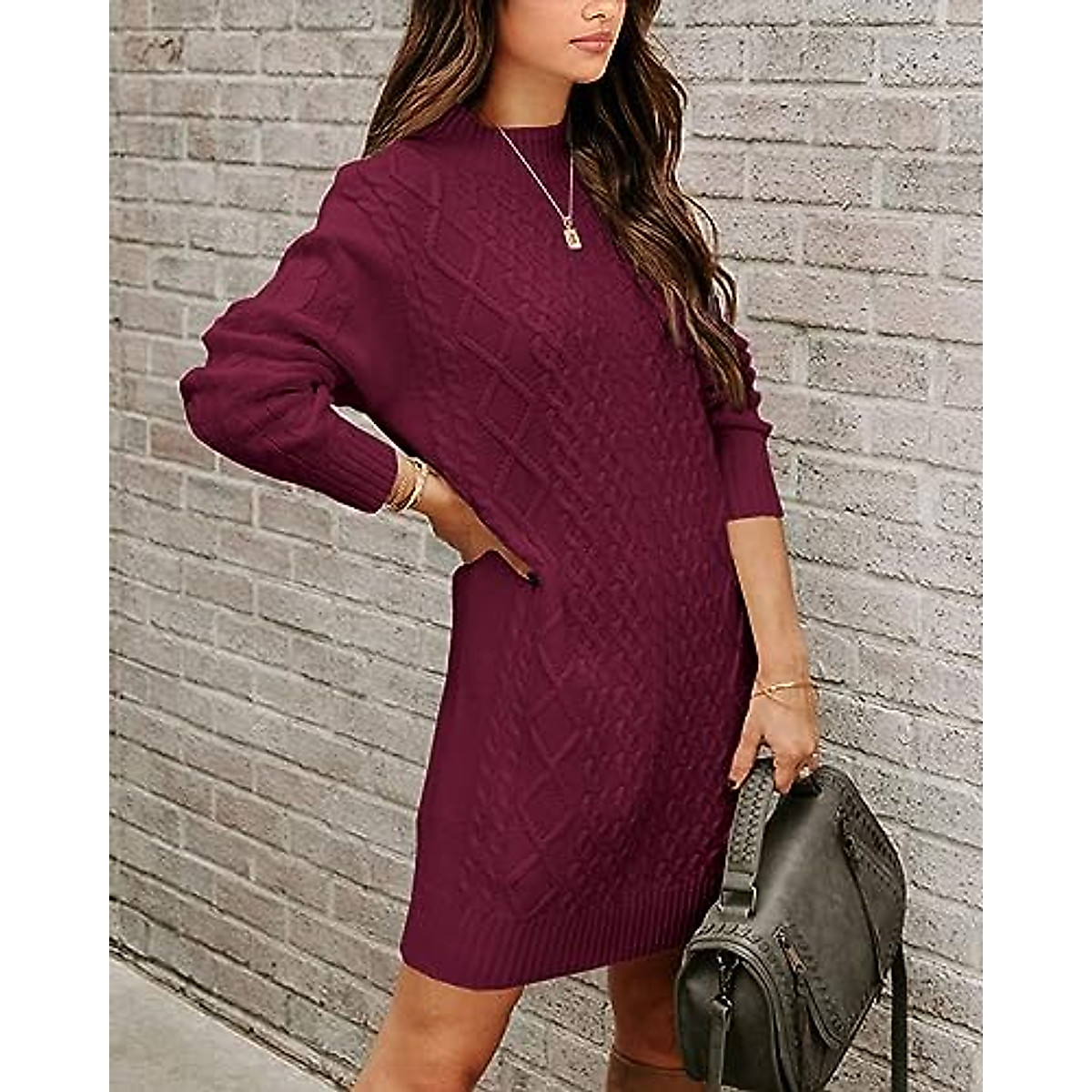 FSHAOES Womens Turtleneck Cable Knit Sweater Dress Fall Winter Long Sleeve Bodycon Mini Dresses Solid Long Pullover Jumper Wine Red