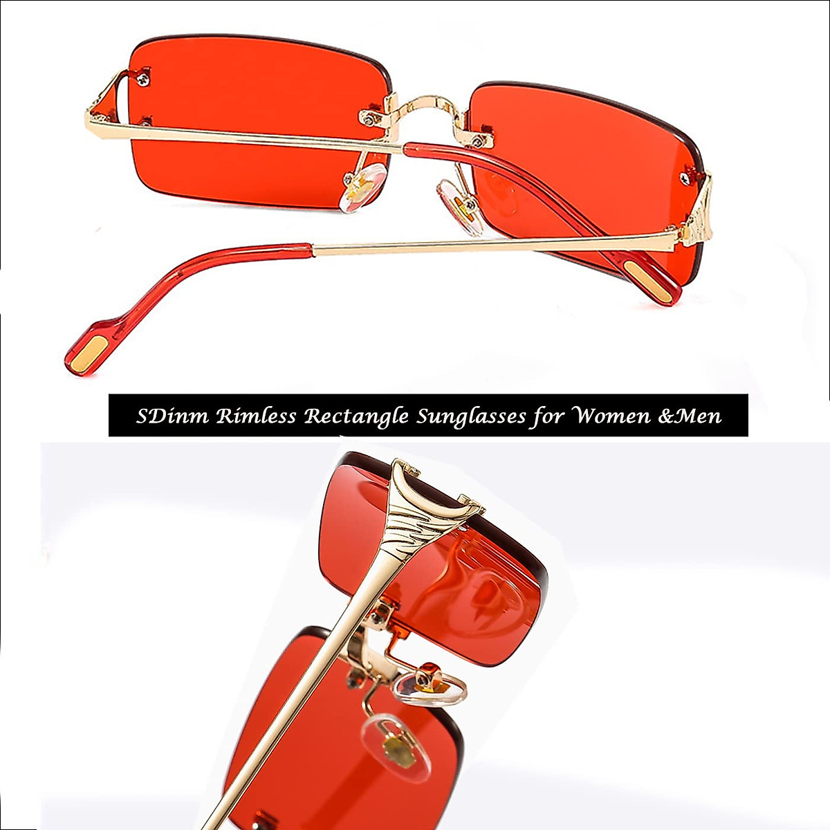SDinm Rimless Sunglasses 90s Frameless Rectangle Tinted Lens Eyewear Red Sunglasses for Women Men