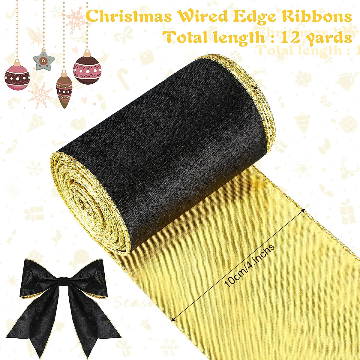 WILLBOND 2 Rolls Christmas Red Velvet Ribbon Wired Edge Trim Wrapping Fabric Christmas Ribbon for Gift Wrapping Bow Wedding Decoration Craft(4 Inch x 6 Yards,Black)