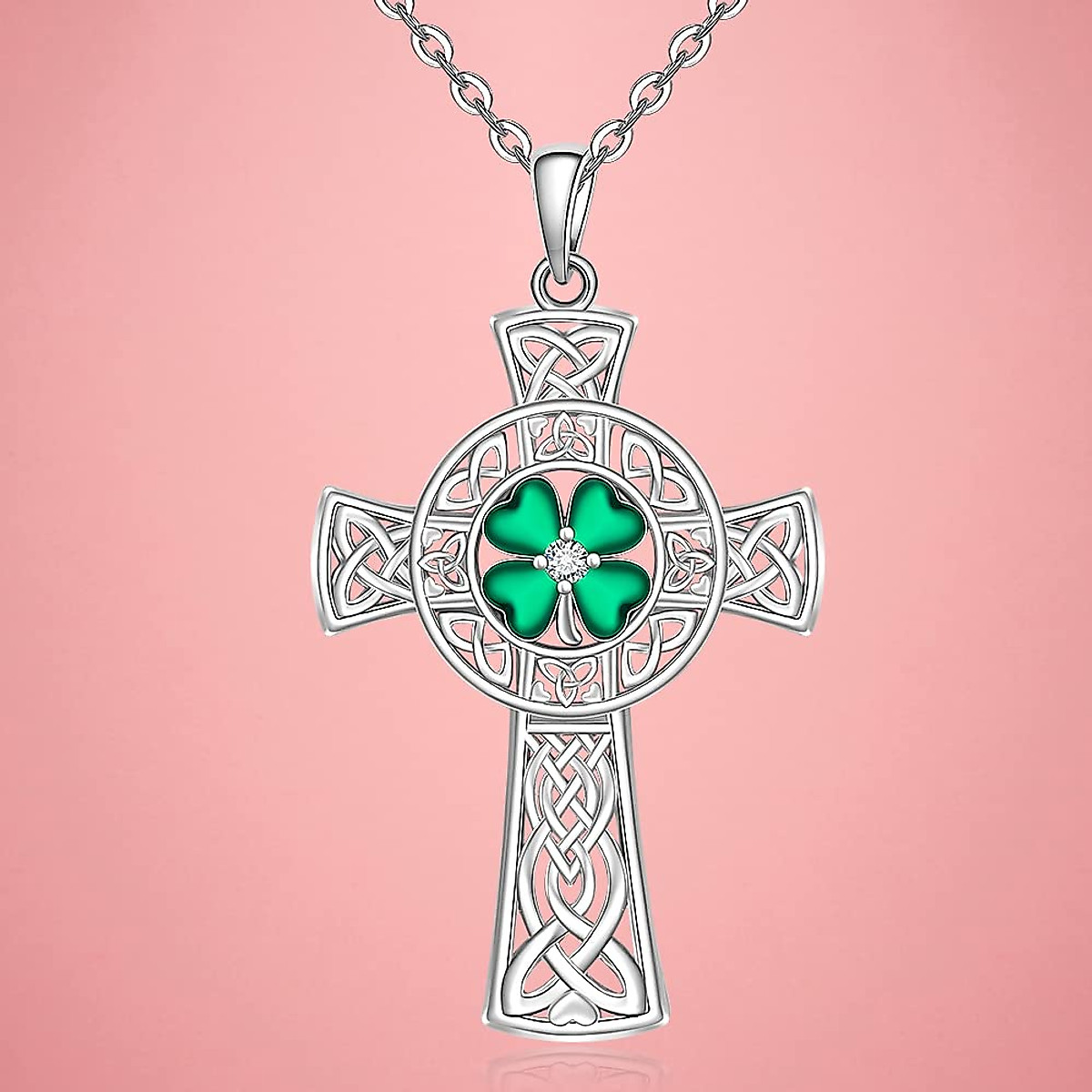 St Patricks Day Necklace Shamrock Necklace Celtic Cross Four Leaf Clover Necklaces for Women Sterling Silver Irish Shamrock Pendant Green 4 Leaf Clover Jewelry Lucky Gifts