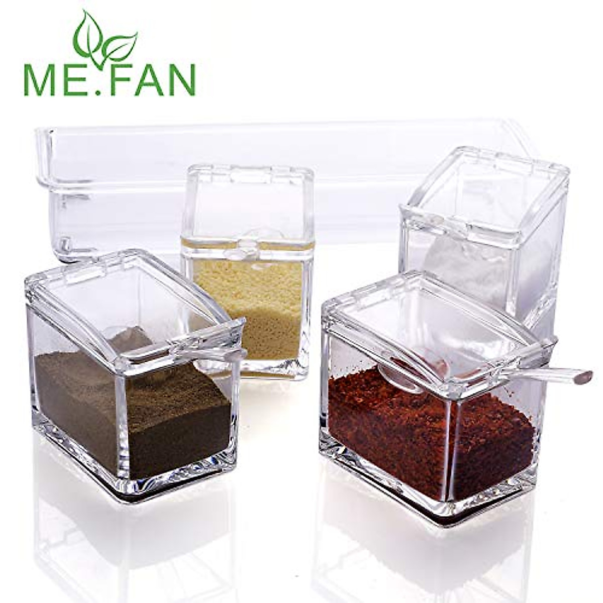 ME.FAN Clear Seasoning Rack Spice Pots - 4 Piece Acrylic Seasoning Box - Storage Container Condiment Jars - Cruet with Cover and Spoon